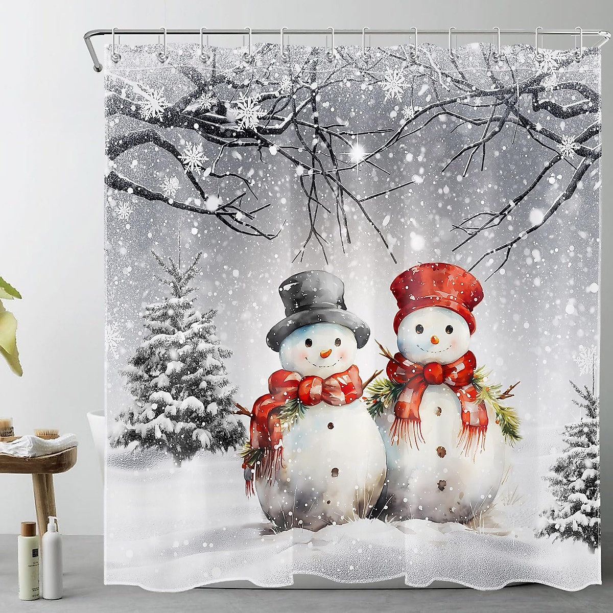 LB Christmas Snowman Shower Curtain Winter Scene Cute Snowman with Pine Tree Covered Snow Bathroom Shower Curtain Snowflake Bathroom Decor with Hooks 72Lx72W Inch Waterproof Polyester Bath Curtain