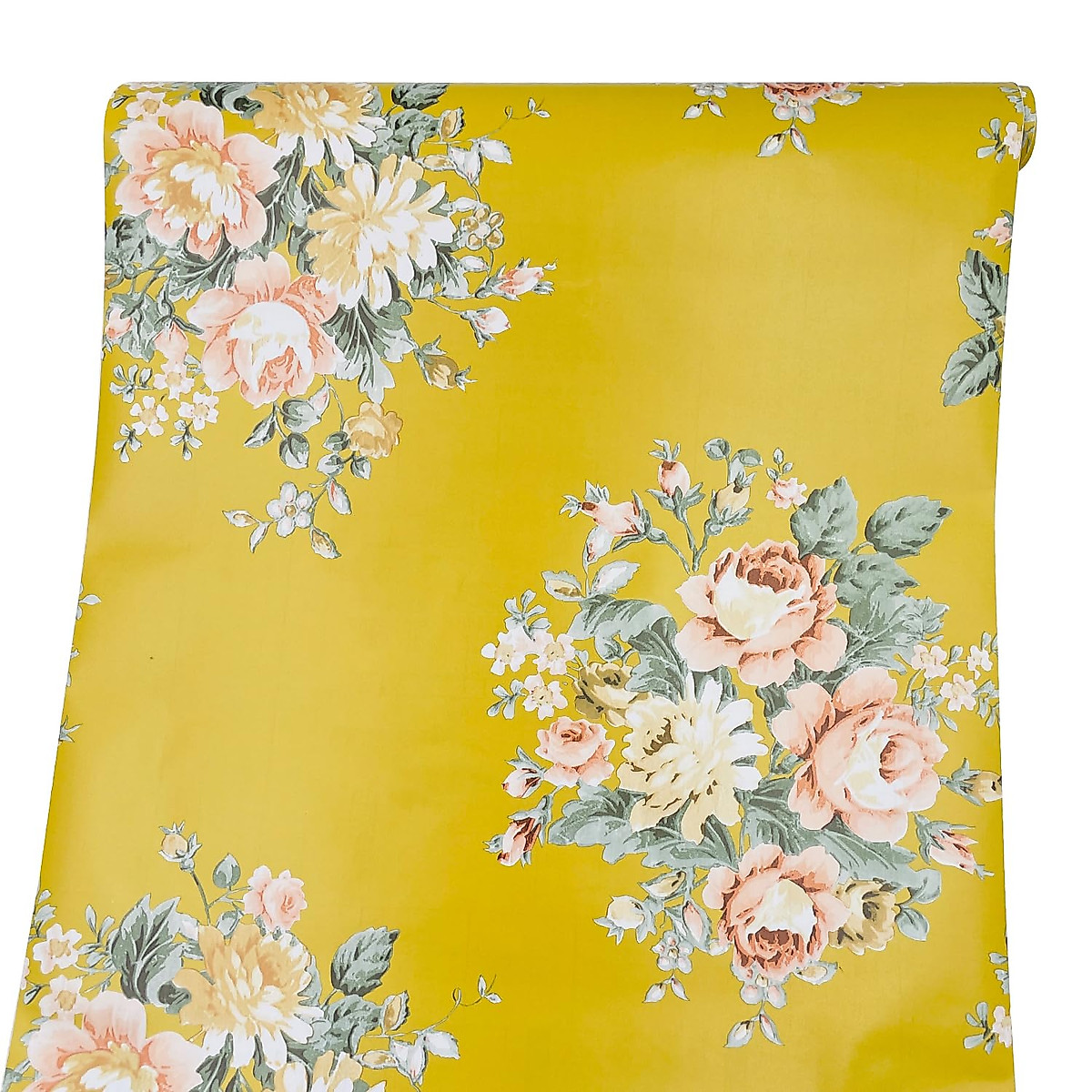 Yifely Vintage Peony Floral Shelving Paper Dark Yellow Peel & Stick Shelf Liner Dresser Drawer Sticker 17.7 Inch by 9.8 Feet