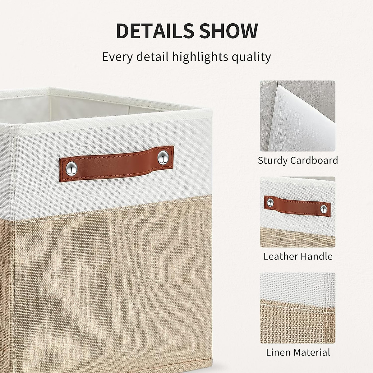 13"x13" Cube Storage Bins, ENLOY 4 Pack Collapsible Storage Cube Bins for Shelves, Large Capacity Storage Boxes for Organizing Closet Shelf with Leather Handle(White&Beige)