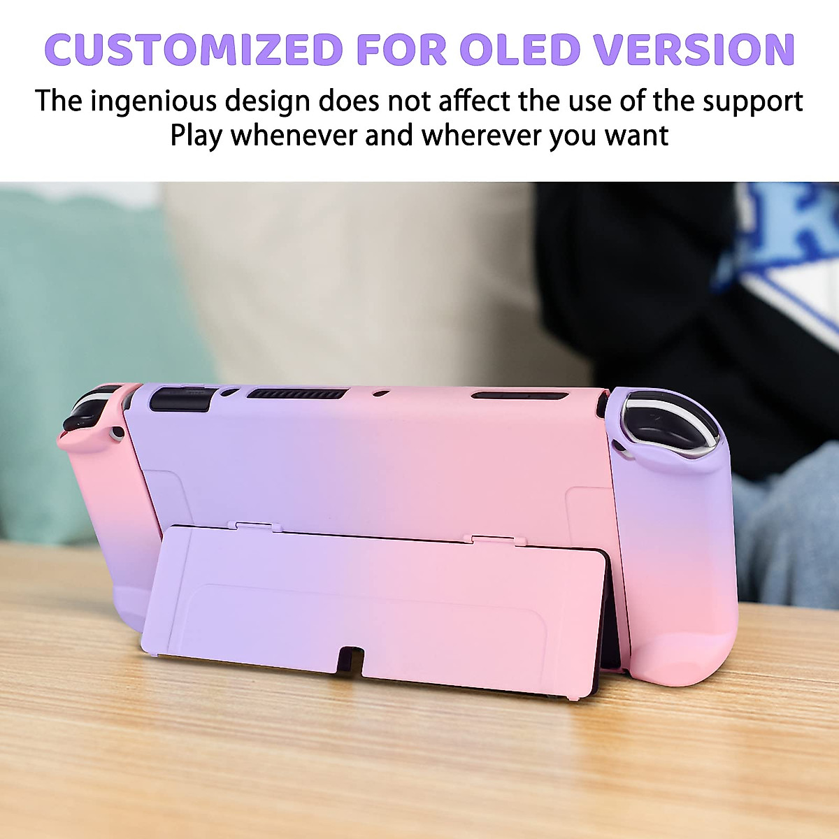 DLseego Protective Case Design for Nintendo Switch OLED Joy-Con Controllers New Model 2021 with Glass Screen Protector and 4 Cute Thumb Grip Caps, Anti-Scratch Touch Grip Cover – Pink & Purple