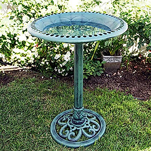 Alpine Corporation 28" Tall Outdoor Birdbath with Scrollwork Decoration Yard Statue, Green