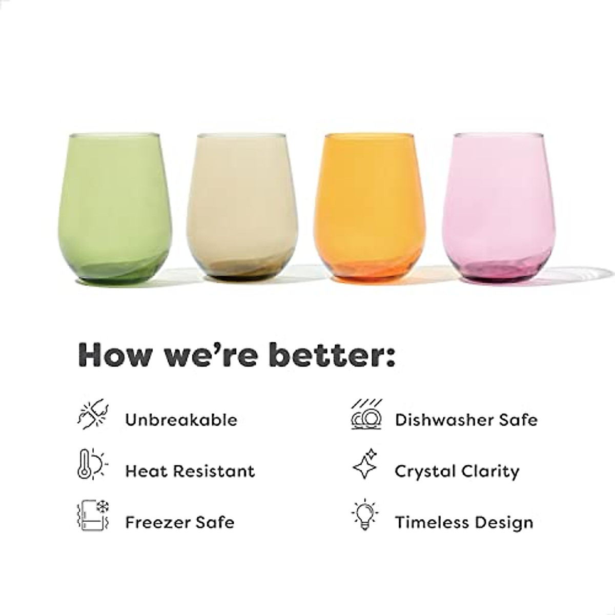 TOSSWARE RESERVE 16oz Stemless Wine - Color Series SET OF 4, Premium Quality, Tritan Dishwasher Safe & Heat Resistant Unbreakable Plastic Drinking Glasses