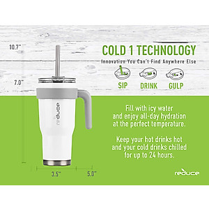 Reduce Tumbler – 24oz COLD 1 Mug With Lid, Straw and Handle – 24 Hours Cold – Easy-Hold Handle, Vacuum Insulated, Sweat-Proof Body – Cupholder Friendly Insulated Mug – White Gloss