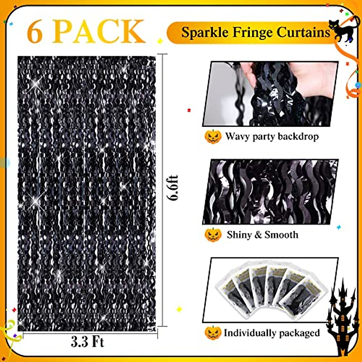 Jutom 6 Pieces 3.3 x 6.6 ft Wavy Tinsel Foil Fringe Curtains Foil Fringe Streamer Backdrop Party Curtain for Sea Mermaid Baby Shower Birthday Party Decoration(Black)