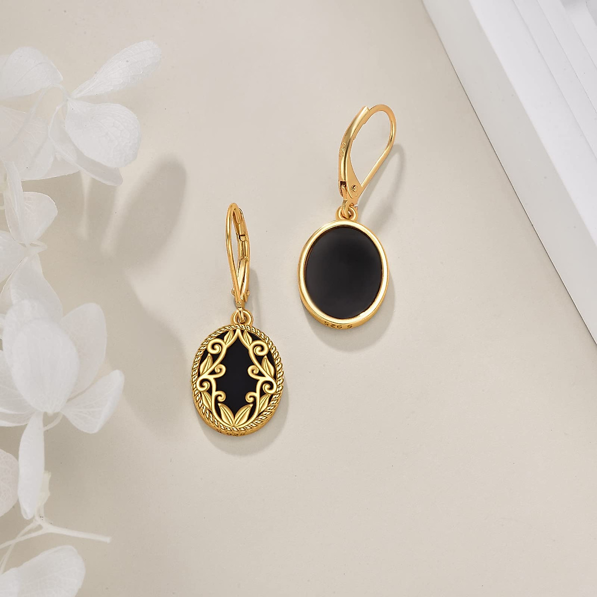 Black Onyx Earrings Gifts for Women Sterling Silver 18K Yellow Gold Plated Black Opal Filigree Boho Dangle Earrings Jewelry Gifts