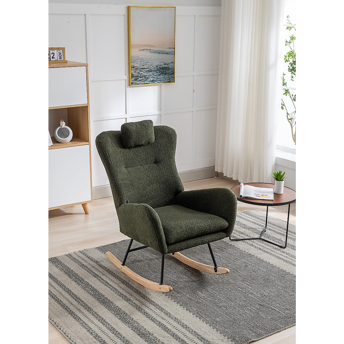 Lepfun 35.5 inch Casual, Soft Teddy Velvet Fabric Rocking Chair for Nursery,Comfy Wingback Glider Rocker with Safe Solid Wood Base for Living Room Bedroom and Balcony,Dark Green