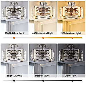 Eatich Caged Ceiling Fans with Lights and Remote,16.6'' Small Fandelier Ceiling Fan,3 Colors Dimmable LED 6 Speeds Adjustable Height Modern Bladeless Chandelier Ceiling Fan for Bedroom