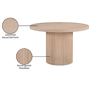Meridian Furniture 728Oak-T Belinda Collection Mid-Century Modern Dining Table, Solid Wood Base, Natural Finish Oak Wood Veneer MDF Top, Round Top, Fluted Base, 48" W x 48" D x 31" H, Oak