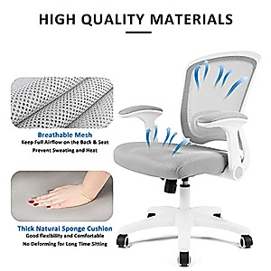 HYLONE Office Chair, White Computer Desk Chair, Mid-Back Task Chair Swivel, Flip-up Arms, Lumbar Support, Adjustable Height, Grey Mesh