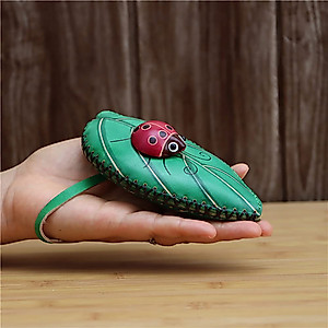 Fanyixuan Ladies Leaf Ladybug Leather Coin Purse Can Put Coin Clutch Bag Handmade Leather Creative Key Case (Green)