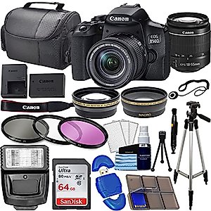 Camera EOS 850D (Rebel T8i) DSLR Camera w/ 18-55mm Lens Bundle with 64GB Memory Card, Wide Angle Lens, Telephoto Lens, 3Pc Filter Kit, Case, Tripod + Photography Kit (33 Pieces)