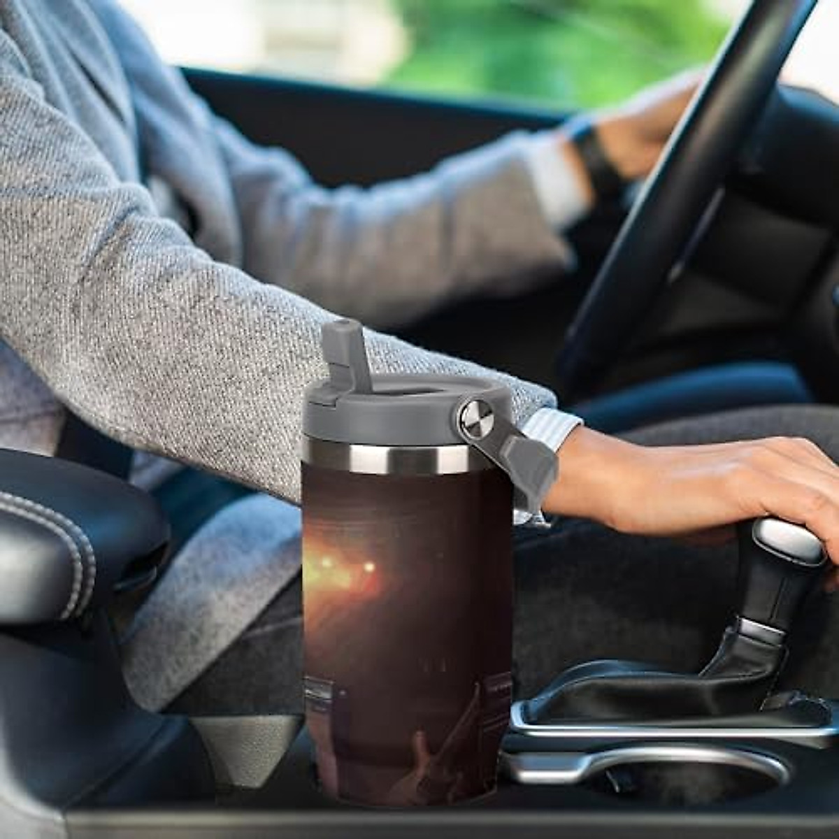 BWQJKUO Large Capacity Car Cup 30 Oz Stainless Steel Rock Band Stage Printed Travel Mug Leak-proof Flip Straw Tumbler with Handle,keeps Cold Or Ho