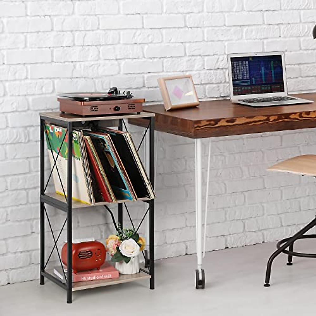 YBING Record Player Stand 3-Tier Turntable Stand with Record Storage End Table with Charging Station Vinyl Record Storage Stand with Divider Nightstand for Living Room Bedroom Office, Oak