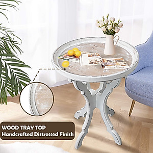 HCODCIBA Round Side Table with Carved Tray Top,Farmhouse Small End Table with Curved Legs,Retro Bedside Table Rustic Accent Table for Living Room,Bedroom