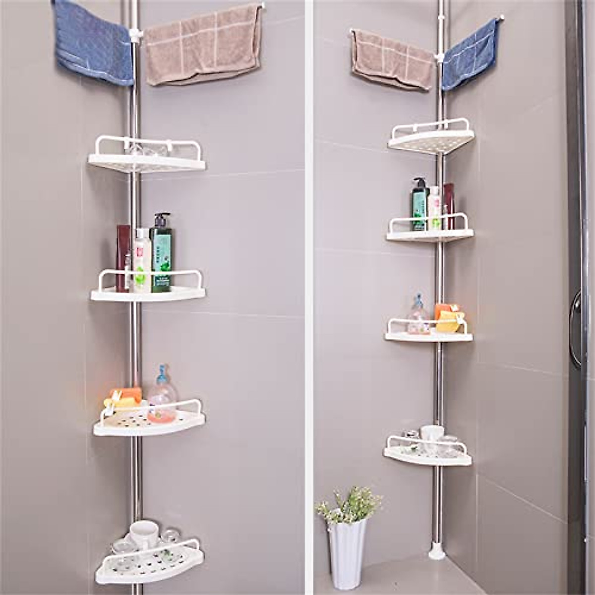 CNCEST 4 Tier Bathroom Shower Storage Shelf Corner Shower Caddy Tension Pole Rust Proof Telescopic Rod Storage Rack Organizer Corner Shower Organizer