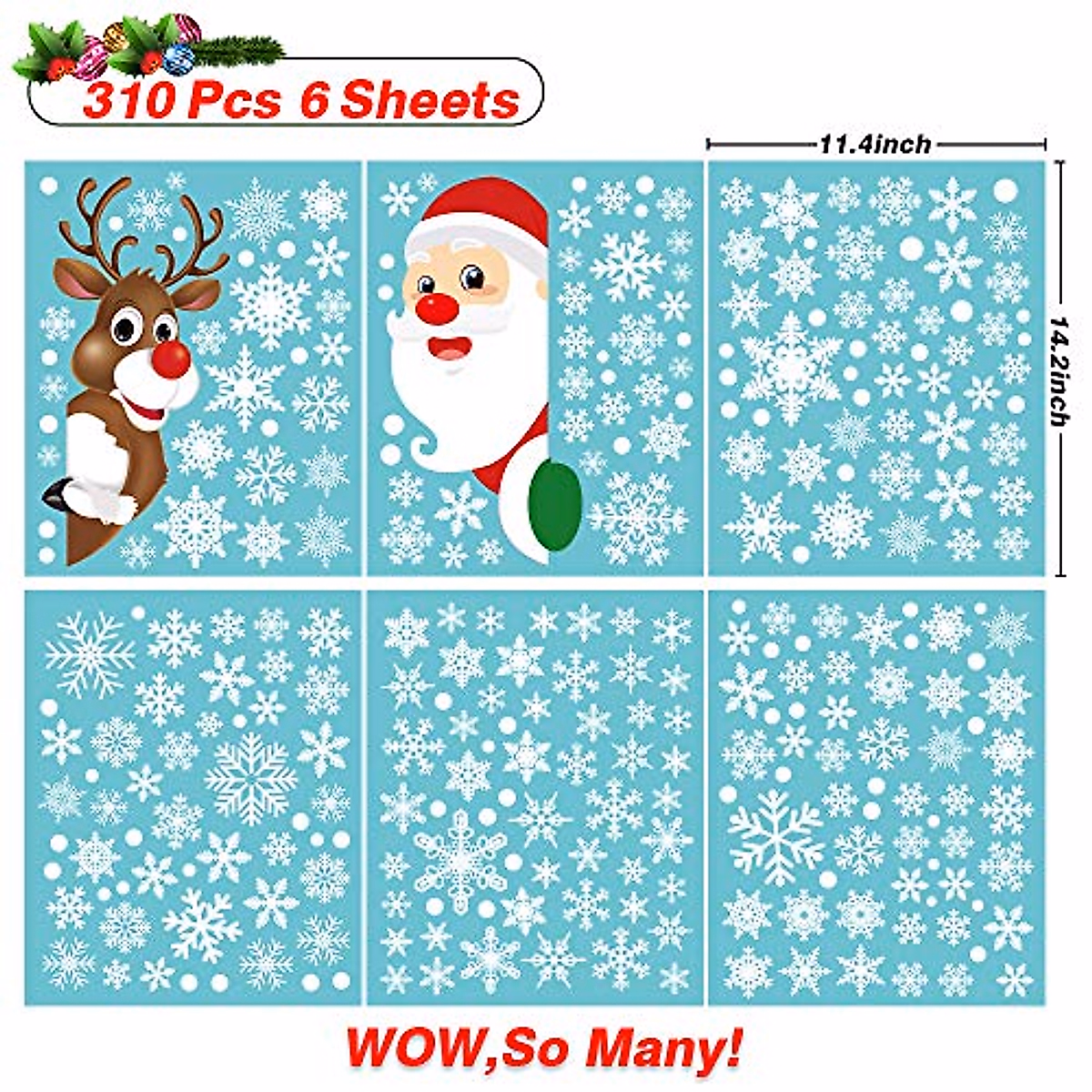 HINZER 310Pcs Christmas Window Clings Christmas Window Decorations Xmas Window Flakes Christmas Decals for Home Deer Santa Claus and Snowflakes