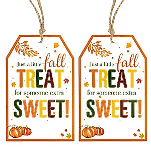 Anwyll Fall Gift Tags,50Pcs Happy Fall Maple Leaf Pumpkin Gift Tags with String,Hello Autumn Tags,Fall Thank You Tags,Just A Little Treat for Someone Extra Sweet Tags for Fall Thanksgiving Party Favor