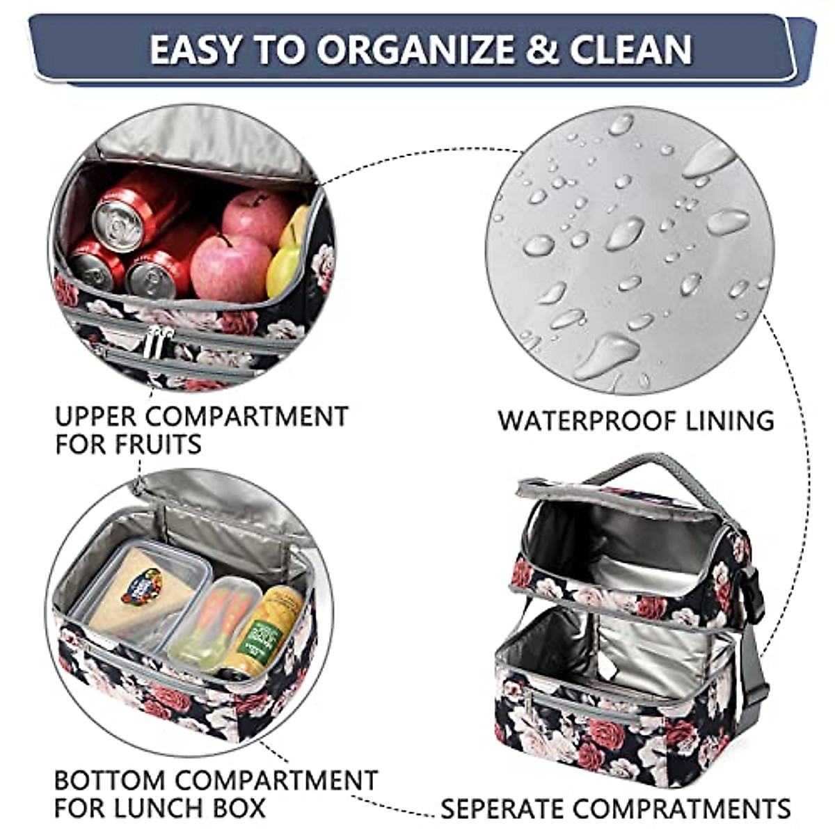 VASCHY Lunch Bag for Women, Insulated Lunch Box Leak-proof Cooler Bag in Dual Compartment Lunch Tote for Work 14 Cans Rose