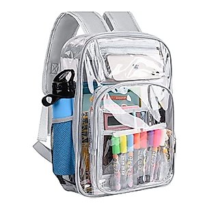 ANSUN Clear Backpack, Large Heavy Duty PVC Transparent Backpack for Kids and Adults, See Through With Reinforced Straps Clear Bookbag for School, Sports, Work, Travel, College, grey