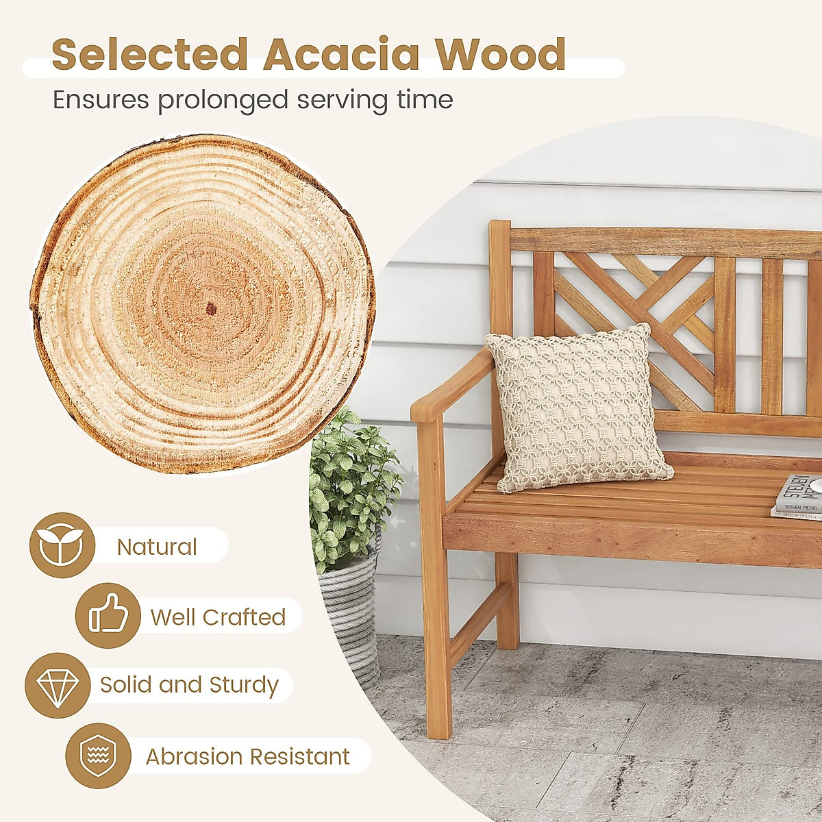 Tangkula Patio Acacia Wood Bench, 2-Person Outdoor Loveseat Chair, Cozy Armrest & Backrest, Sturdy Acacia Wood Frame, Outdoor Slatted Seating Bench for Backyard, Garden, 800 lbs Max Load