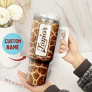 WAZONE Personalized Giraffe Lover Tumbler 40oz with Handle and Straw Custom Name Stainless Steel Insulated Travel Coffee Cup With Lid Cute Animal Lover Gifts For Women Girl on Birthday Christmas
