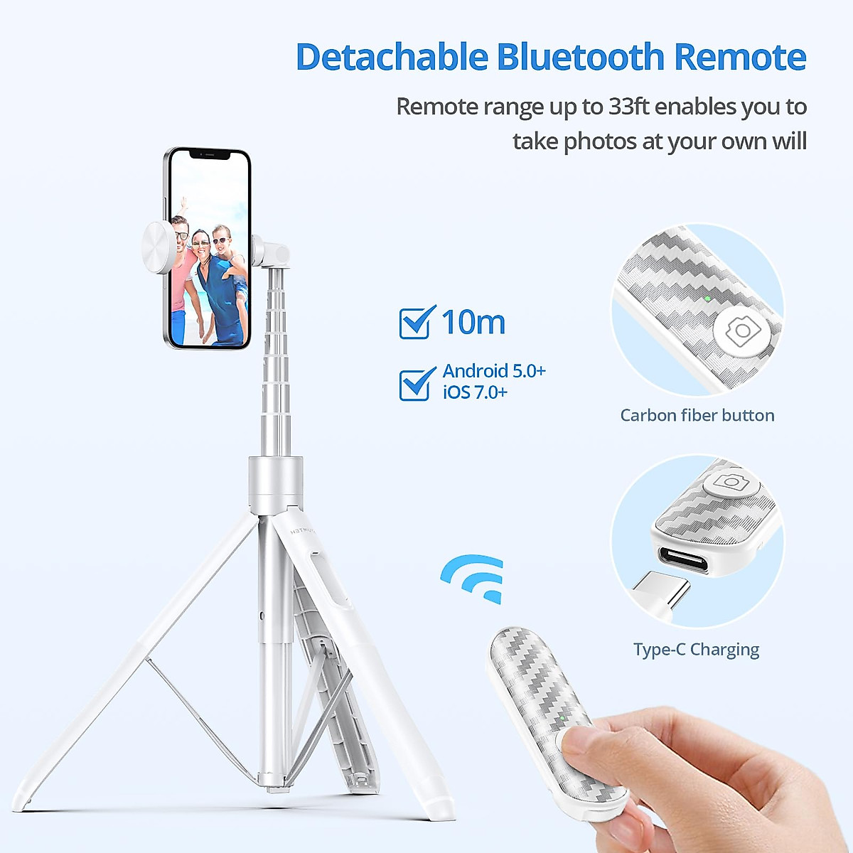 ATUMTEK 60" Selfie Stick Tripod, All in One Extendable Phone Tripod Stand with Bluetooth Remote 360° Rotation for iPhone and Android Phone Selfies, Video Recording, Vlogging, Live Streaming, White