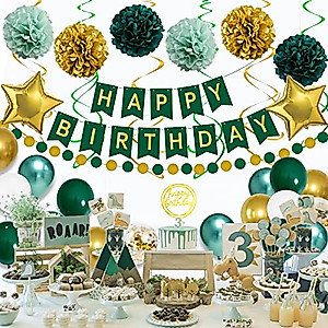 Birthday Decorations, Green Gold Birthday Party Decorations for Boy Girls Men Women, Birthday Balloons with Happy Birthday Banner, Paper Pompoms, Confetti Balloons for Birthday Party Decorations