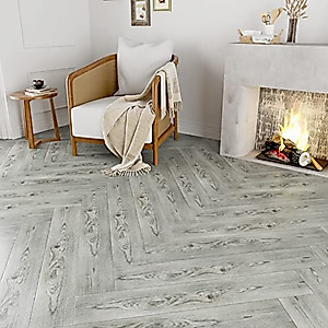 STICKEEP 6 x 36 in Wood Grain Peel and Stick Waterproof Vinyl Floor Tiles, 4 PCS, Light Grey, Residential Grade