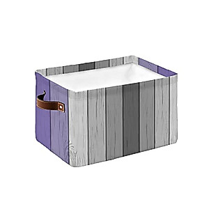 Rustic Wood Purple Cube Storage Organizer Bins with Handles,1PC Collapsible Canvas Cloth Fabric Storage Basket,Farmhouse Ombre Grey White Color Books Kids' Toys Bin Boxes for Shelves,Closet