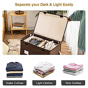 TECHMILLY Double Laundry Hamper with Lid, Large Laundry Basket with 2 Removable Laundry Bags and Pockets, Divided Laundry Hamper 2 Section for Bedroom, Dirty Clothes Hamper with Rope Handles, Brown…