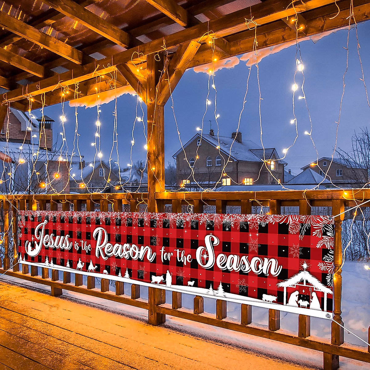 Holy Nativity Christmas Banner Manger Scene Religious Christmas Yard Banner Jesus Is the Reason for the Season Banner Red Buffalo Plaid Hanging Banner for Xmas Winter Holiday Outdoor Indoor Decoration