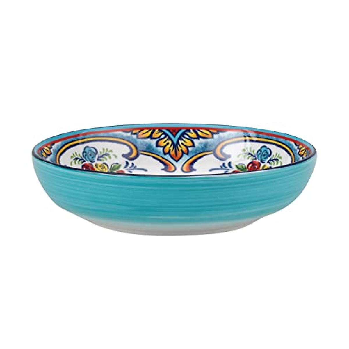 Euro Ceramica Zanzibar Collection Pasta Bowl Sets, Set of 4, Spanish Floral Design, Multicolor Blue