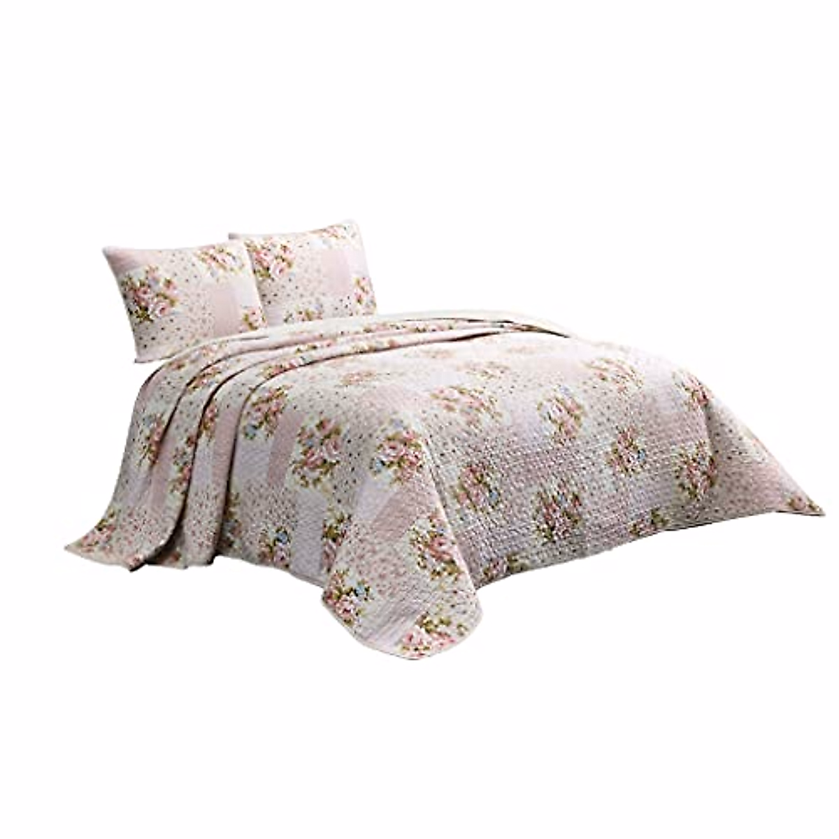 Chezmoi Collection Rosy 3-Piece Printed Patchwork Cotton Quilt Set - Pink Flower Floral Striped Polka Dots - Stone Washed Lightweight Bedspread, Queen Size