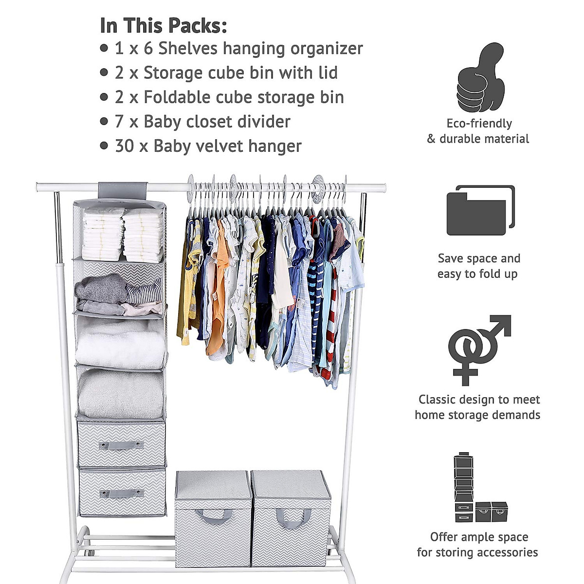 Minnebaby 42-Piece Nursery Organizer Storage Closet Set, Chevron Pattern, Grey