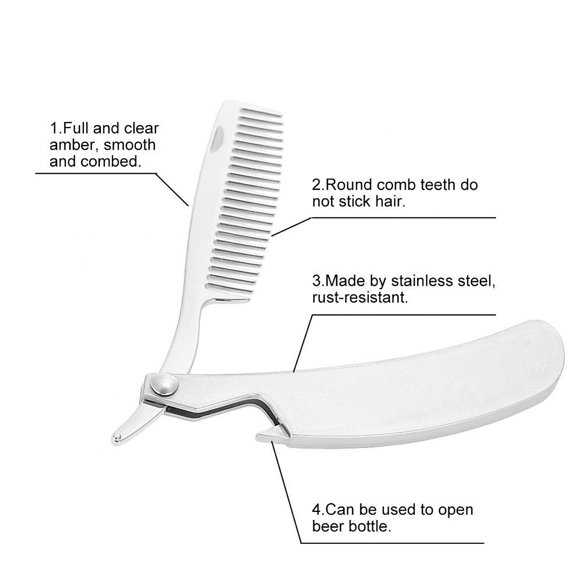 Folding Beard Comb, Portable Folding Mustache Tool Bottle Opener Portable Stainless Steel Beard Comb for Salon and Home Use