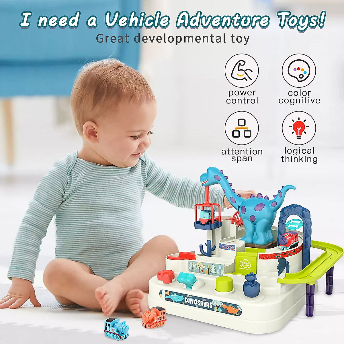 Large Car Toy Kids Race Track Toys for Boy, Dinosaur Adventure Car Race Track Toys Playsets for 3 4 5 6 Year Old Boys Girls, Preschool Educational Car Games Gift Toys (Blue Dinosaur Car)