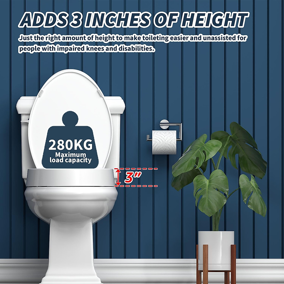 Ccbello ELONGATED toilet seat risers for seniors, Slow Close, Elevated toilet seat, Heavy Duty, Never Loosen, Raised toilet seat elongated bowl, White(18.5”)