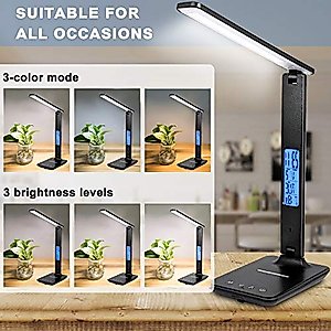 LED Desk Lamp, Desk Lamp with Wireless Charger, Suitable for Home, Office Dimmable Desk Lamp, with USB Charging Port, Built-in Clock, Calendar, Thermometer and Automatic Timing Reading Desk Lamp.