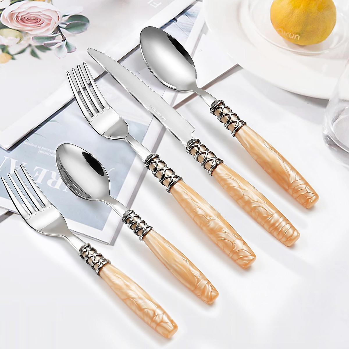 PUREAIN Laurel Silverware Set, 40 Pieces Flatware Set for 8, Vintage Cutlery Set with Champagne Acrylic Handle Including Fork Spoon and Knife, Dishwasher Safe