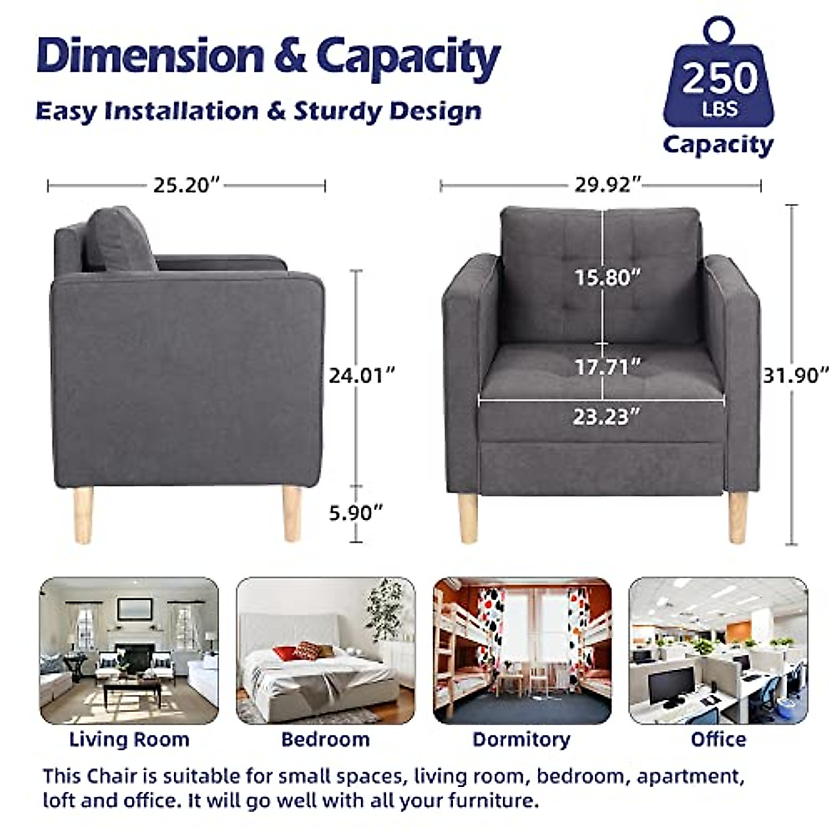 STHOUYN Small Accent Chairs Living Room Chairs Set of 2, Reading Chairs Bedroom Comfy Comfortable Chair, Mid Century Modern Club Chair, Tufted Single Sofa Office Living Room Furniture (2, Grey)