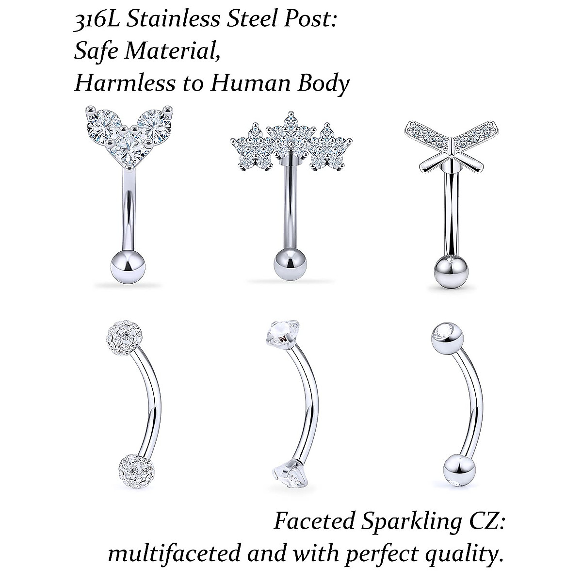 Vsnnsns 16G Rook Daith Piercing Jewelry Stainless Steel 8mm Curved Barbell Eyebrow Rings Cartilage Helix Tragus Belly Lip Rings CZ Piercing Jewelry Daith Rook Earrings for Women Men 12pcs Silve