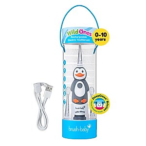 brush-baby WildOnes Kids Electric Rechargeable Toothbrush Penguin, 1 Handle, 3 Brush Heads, USB Charging Cable, for Ages 0-10 (Penguin)