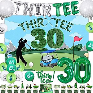 Kreatwow Golf 30th Birthday Party Decorations Green Thir Tee Backdrop Balloon Banner Cake Topper Golf Themed Cupcake Toppers for Golfer Fans Sports Themed 30th Birthday Party Supplies
