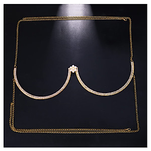 Women Rhinestone Chest Bracket Flower Pendant Bikini Crystal Chest Bracket Chain Rhinestone Underwear Body Chain Jewelry (Gold)