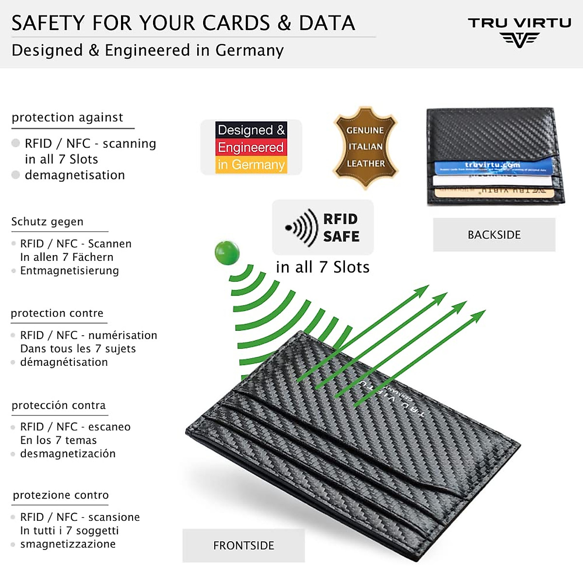 Tru Virtu® Ultra Slim Wallet Carbon Card Case I Credit Card Case I Card Case RFID NFC Protection I Genuine Italian Leather Card Case I Card Storage I Slim Wallet I Card Holder