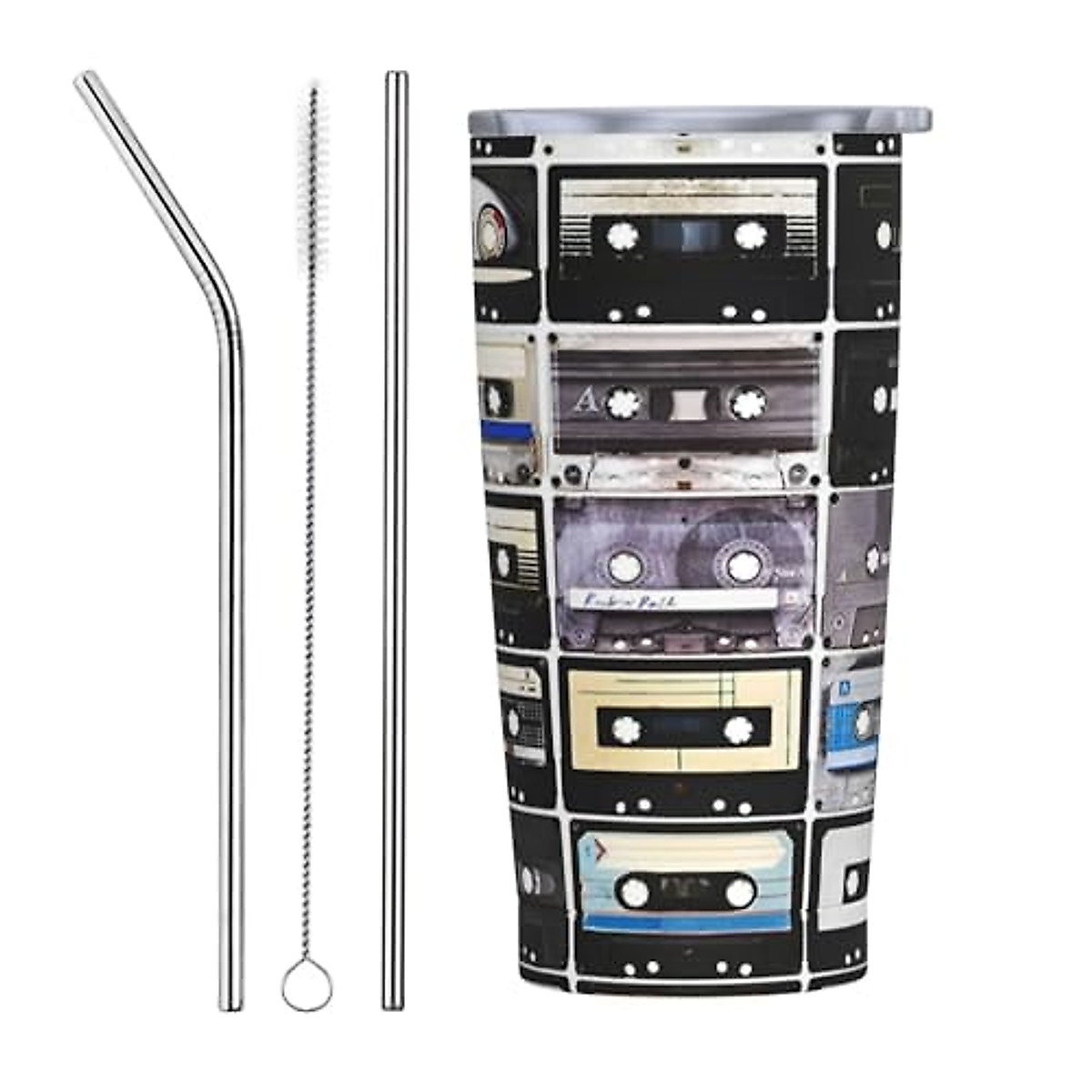 20oz Insulated Tumblers with Lids and Straws Retro Cassette Tape Stainless Steel Coffee Tumbler Cup Double Wall Vacuum Travel Coffee Mugs for Home, Office, Outdoor