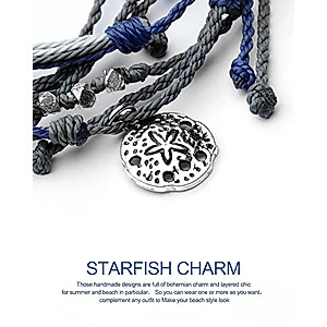 Mezcla Vida Bohemian Starfish Charm Silver Zinc Beaded Waterproof Rope Surfing Bracelets Sets For Women Teen Girls, Beach Handmade String Jewelry (GREY-BLUE)