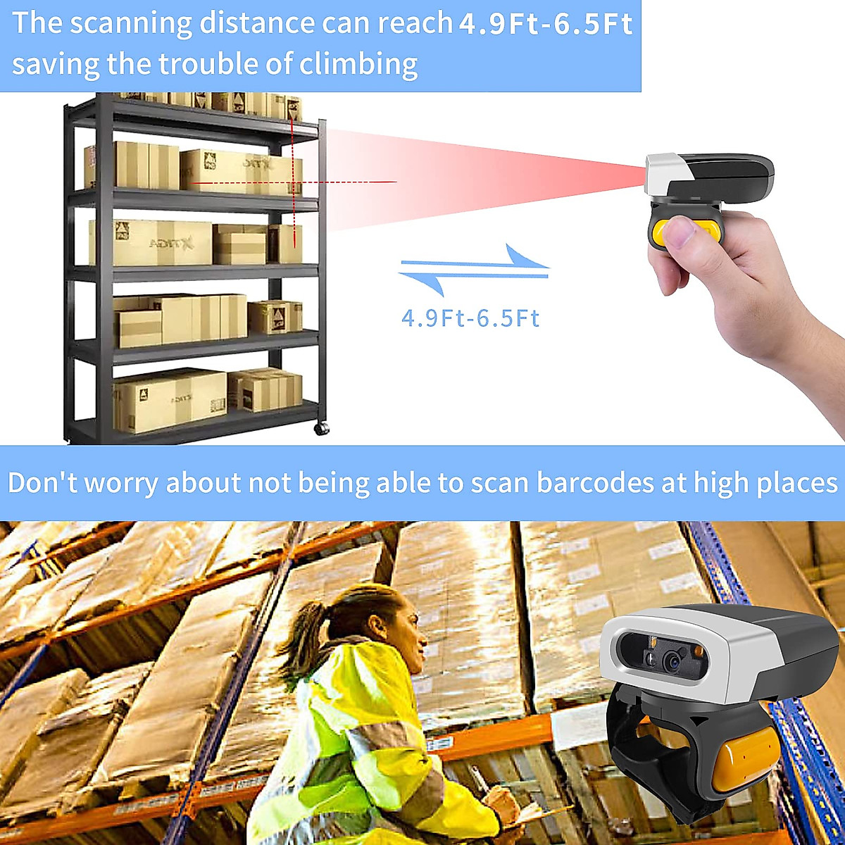 Symcode Bluetooth 2D Ring Long Range Scanning Barcode Scanner,4.9Ft- 6.5Ft Scanning Distance can Saving The Trouble of Climbing Portable Ring Wearable Finger 1D 2D Mini Bar Code Reader Scanner