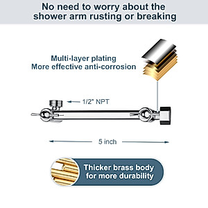 BRIGHT SHOWERS Brass Shower Arm Extender for Rain and Handheld Shower Head, 5 Inch Universal Shower Head Extension Arm, Height & Angle Adjustable, Chrome