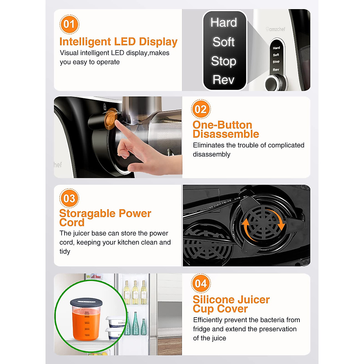 Juicer Machines, AMZCHEF Slow Cold Press Juicer with 2 Speed Modes, Travel bottles(500ML), LED display, Easy to Clean Brush & Quiet Motor for Vegetables & Fruits, Beige